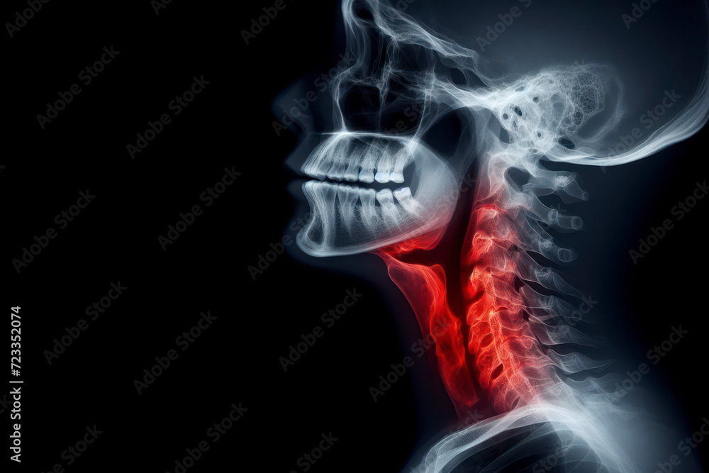 side view X-ray of the throat with visible airway red color damage on ...