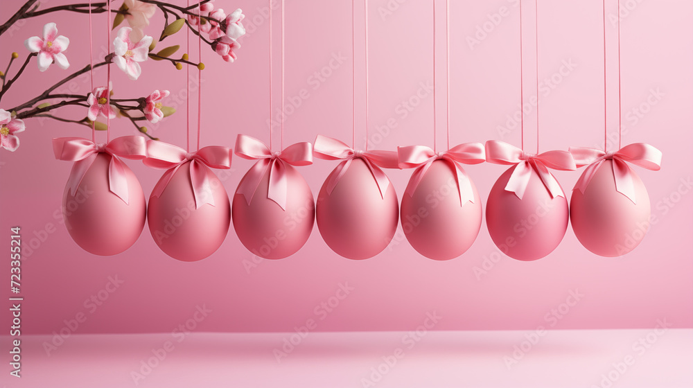 Sakura branch Easter hanging eggs pink ribbon bows background image ...