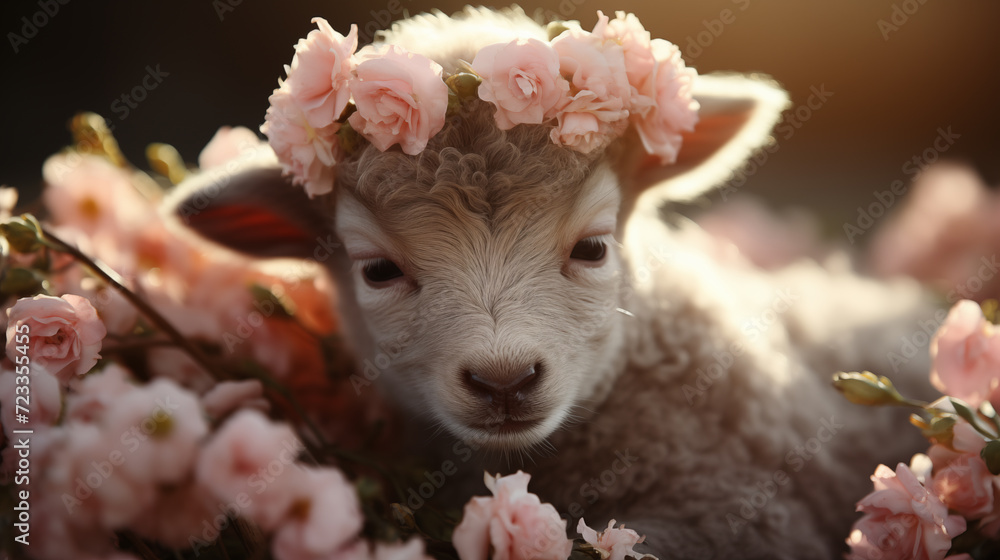 Cute Easter lamb pink roses crown background image. April paschal ...