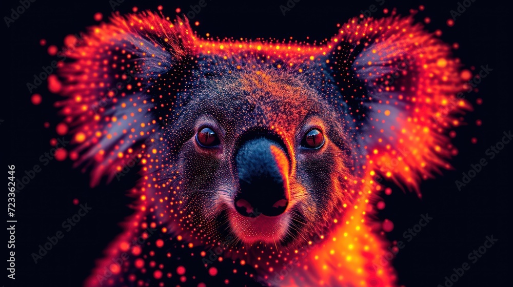 a close up of a koala's face with red and blue spots on it's fur and a ...