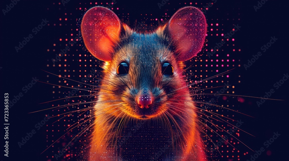 a close up of a mouse's face on a black background with red and blue ...