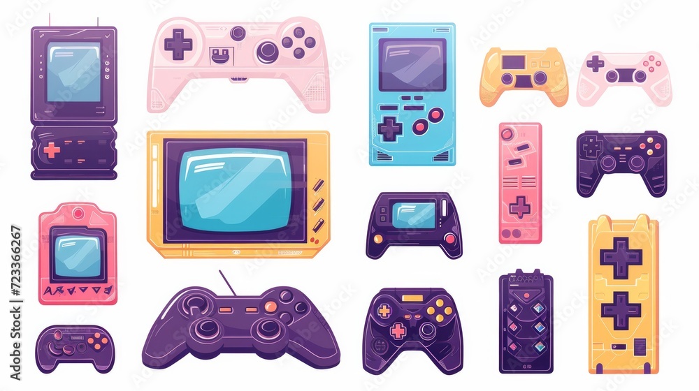 Game consoles. Vintage retro gadgets for kids pleasure relax time ...