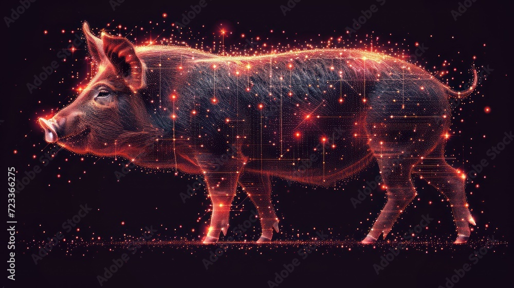 a cow standing in front of a black background with a lot of small red ...