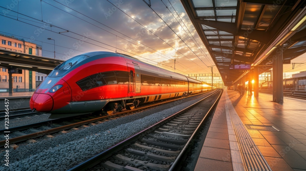 High speed train on the train station at sunset in Vienna, Austria ...