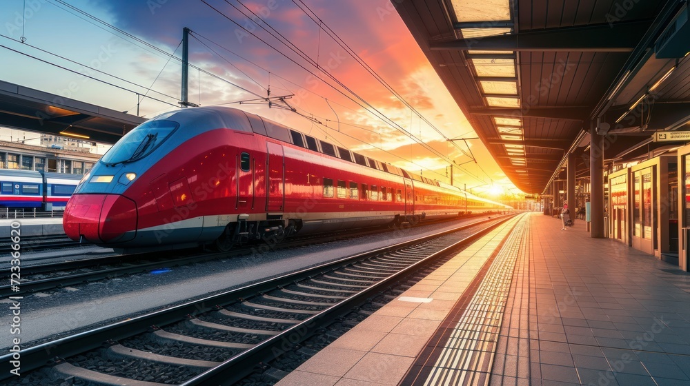High speed train on the train station at sunset in Vienna, Austria ...