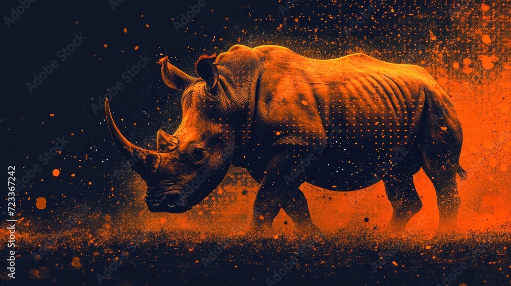 a rhinoceros standing in the middle of a field with orange and black ...