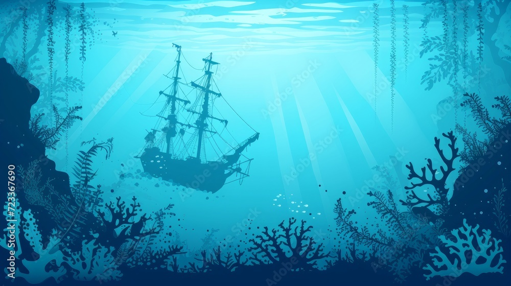 ภาพประกอบสต็อก Ocean underwater landscape with sunken sailing ship ...