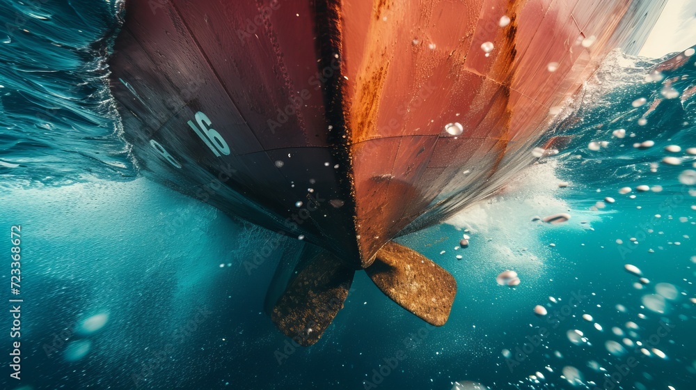 Propeller and rudder of big ship underway from underwater. Close up ...