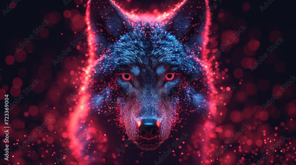 a close up of a wolf's face on a black background with red and blue ...
