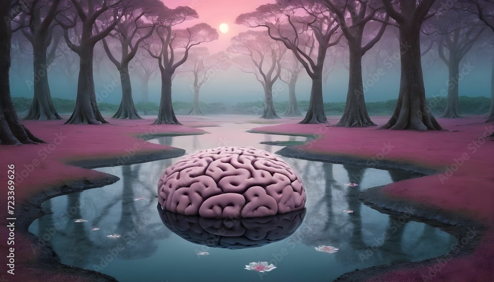 surreal depiction of a brain-shaped forest at twilight, where luminous ...
