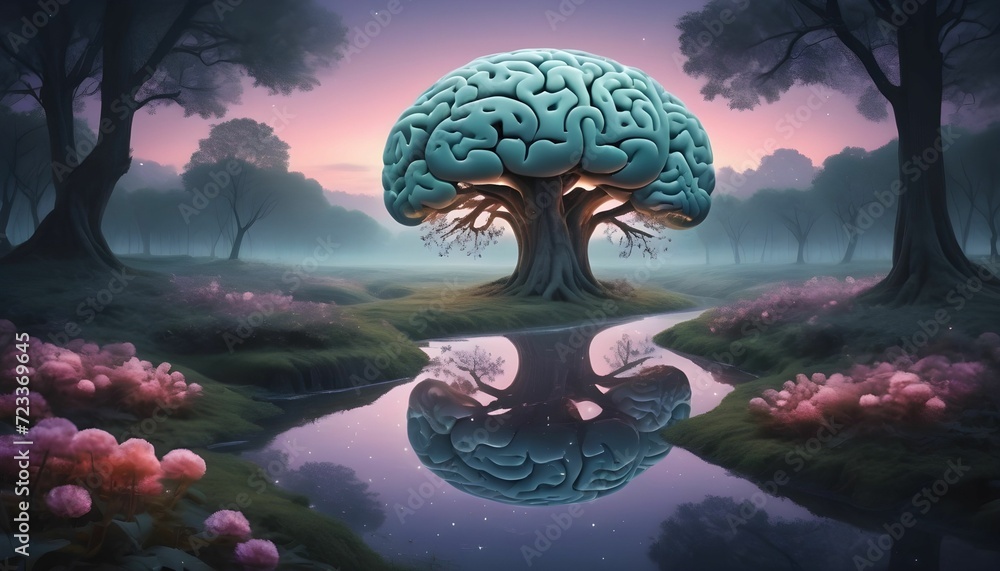 surreal depiction of a brain-shaped forest at twilight, where luminous ...