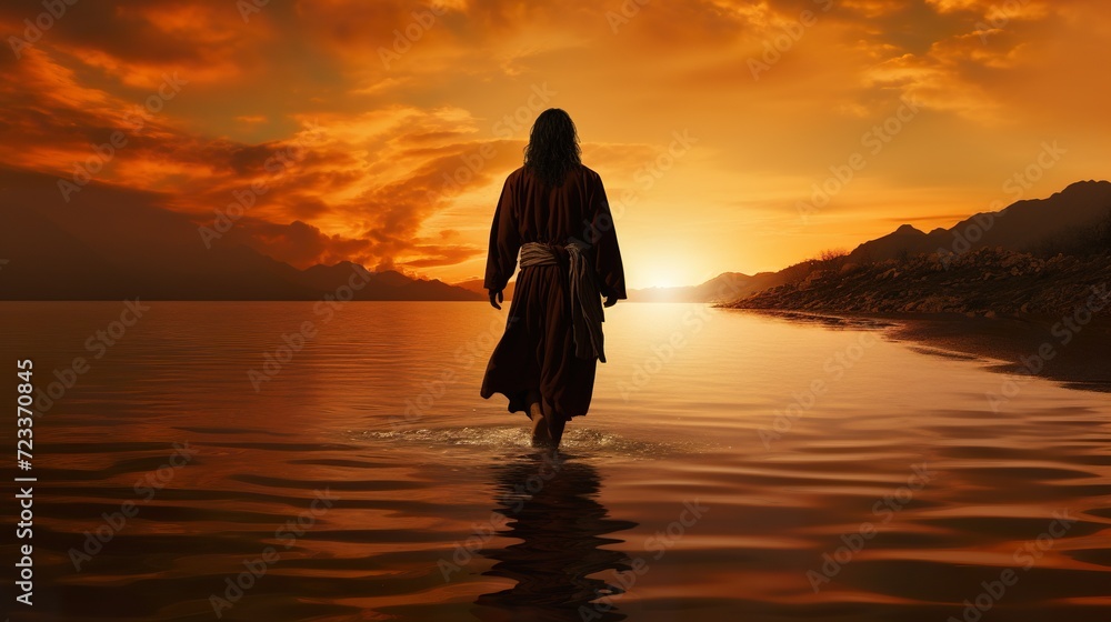 Jesus Christ walking by water at sea, faith and christianity concept ...