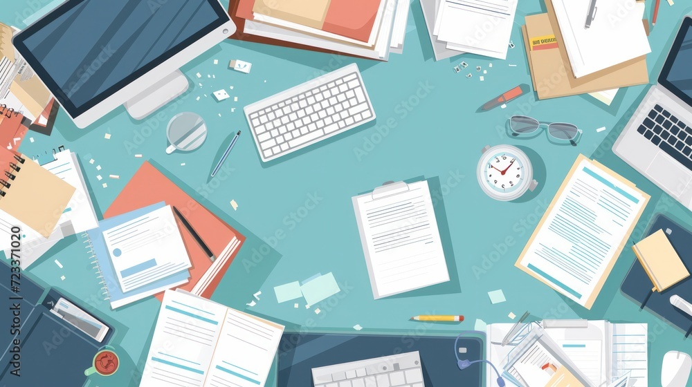 Top view of dirty and clean office workers desk. Working process ...