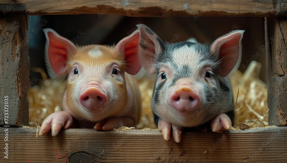 Two domestic pigs stand side by side in a box, their snouts close as ...