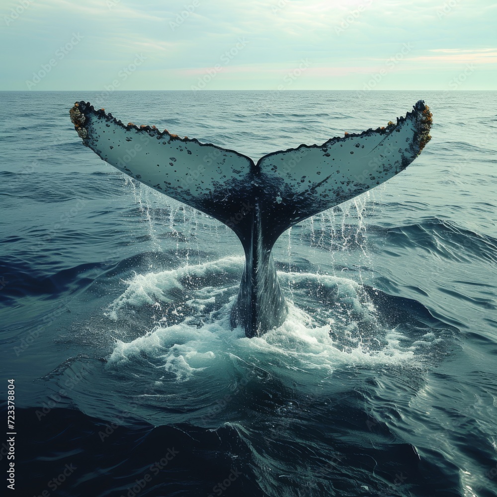 Whale Tail in Ocean, Majestic image of a whale's tail emerging from the ...