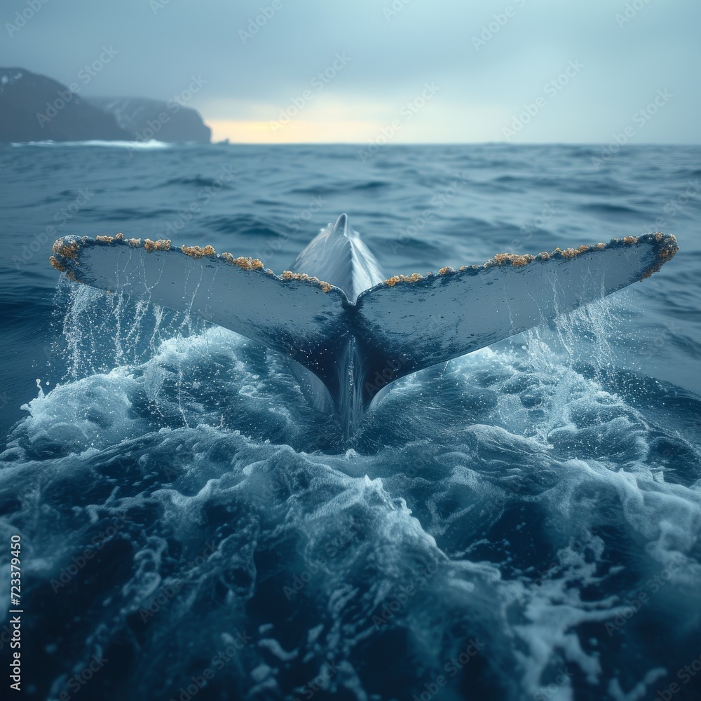 Whale Tail in Ocean, Majestic image of a whale's tail emerging from the ...