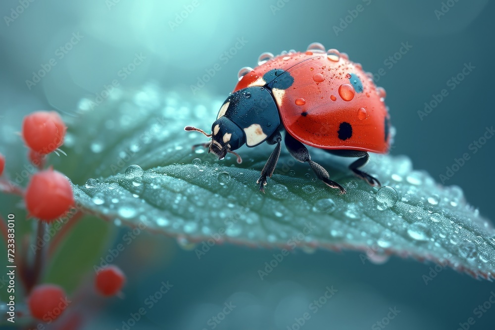 Tiny yet mighty, a vibrant red ladybug perches on a leaf, its delicate ...