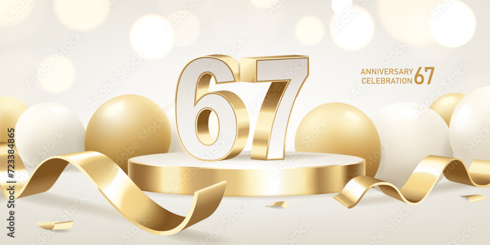 67th Anniversary celebration background. Golden 3D numbers on round ...