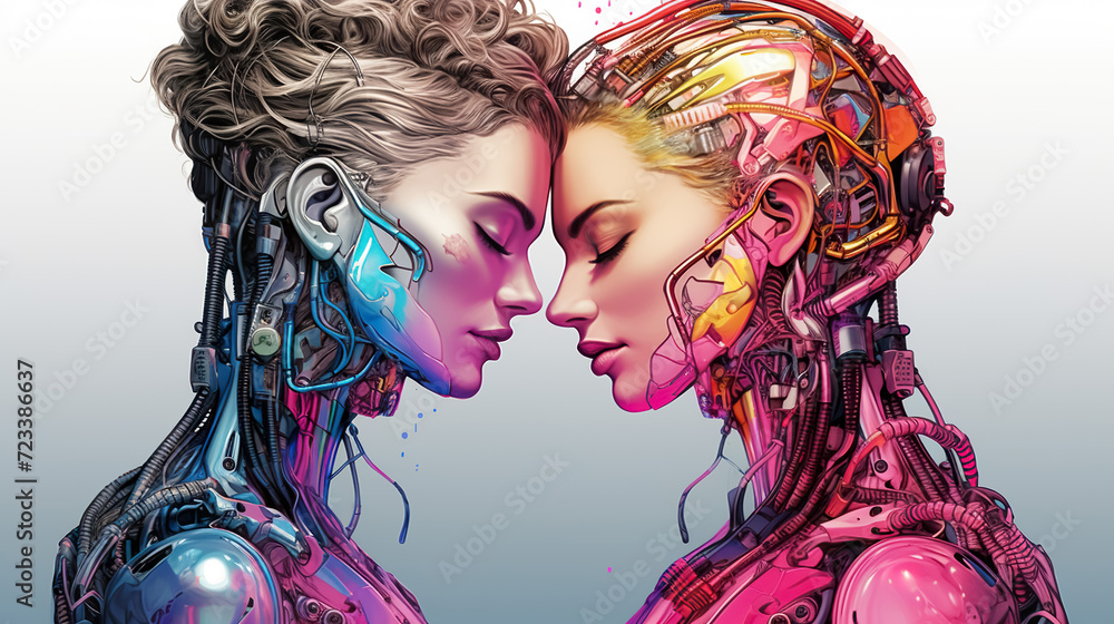 human and robot couple love and hug, robotic man and woman embrace and kiss, relationship of ...