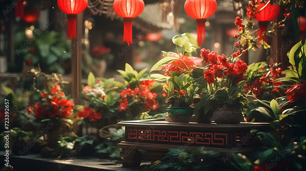 Chinese New Year potted plants display, depicted vividly in it's ...