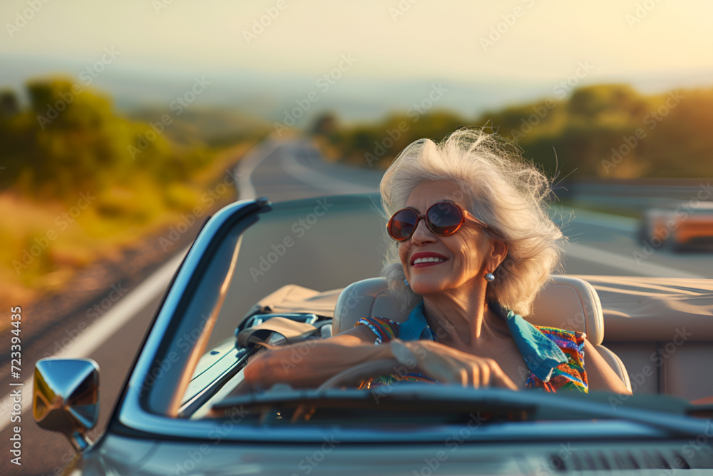 Senior lady driving a convertible on a sunny road. Joyful elderly woman ...