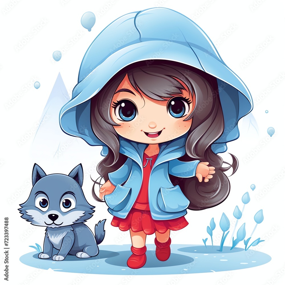 Cute Little blue Riding Hood with wolf outline vector cartoon ...