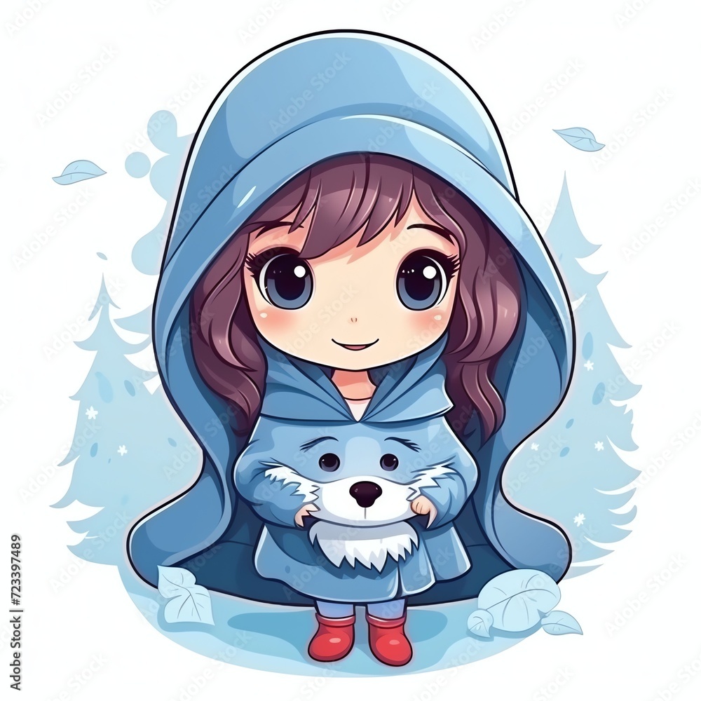 Cute Little blue Riding Hood with wolf outline vector cartoon ...