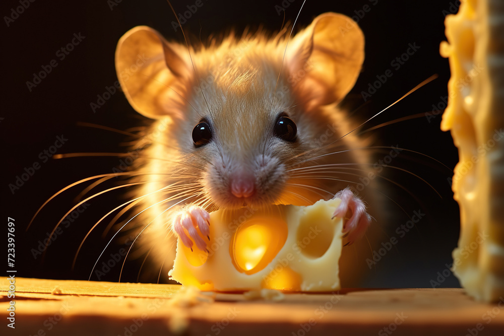 Little cute mouse eats a big piece of cheese. Generated by artificial ...