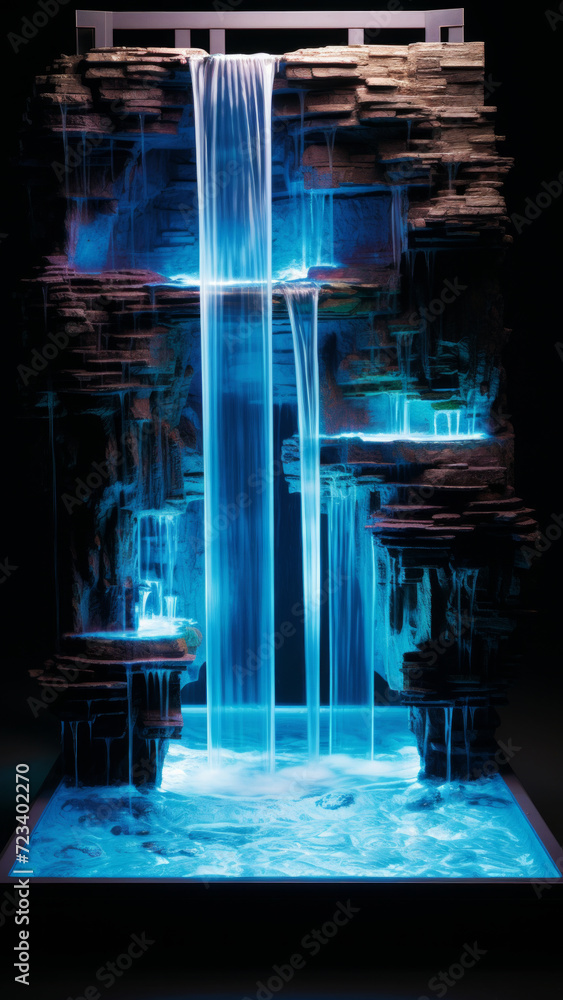 An artificial waterfall with blue neon lights cascades down a layered ...