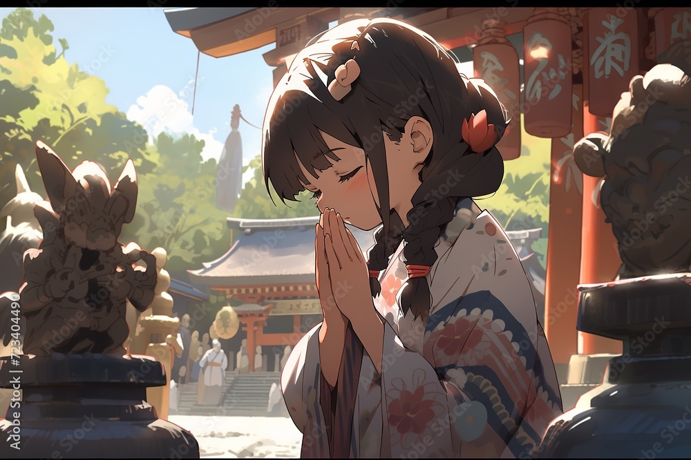 adorable anime girl praying in a buddhist temple Stock Illustration ...