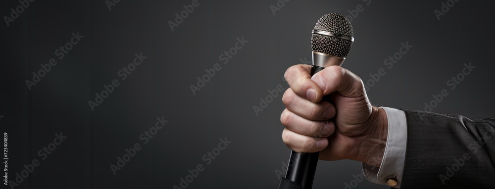 a journalist's hand confidently holding a microphone against a grey ...