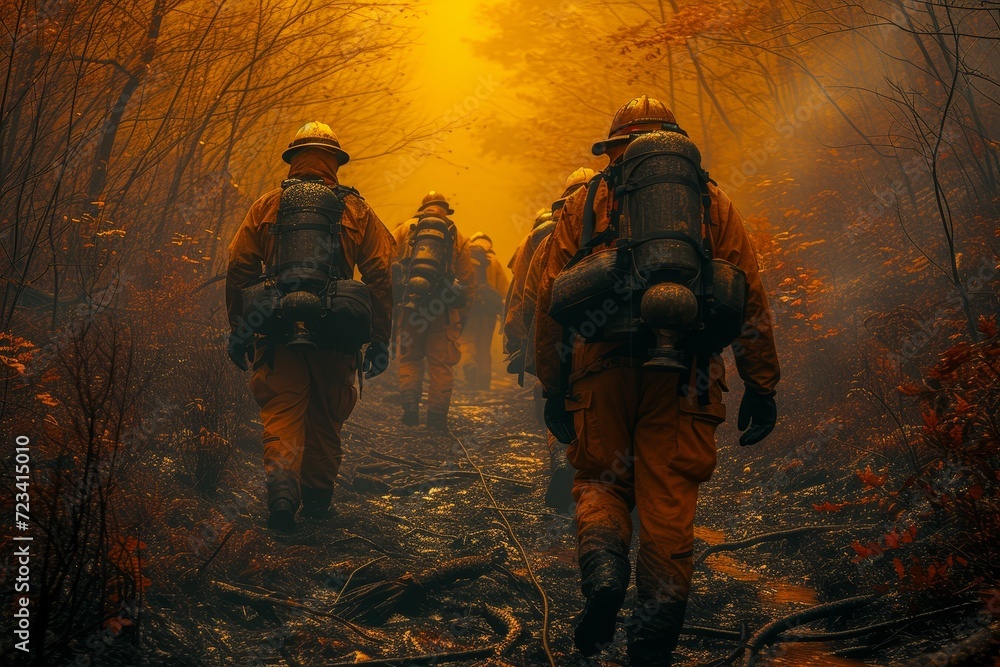 A team of brave firefighters trudge through a dense forest, shrouded in ...