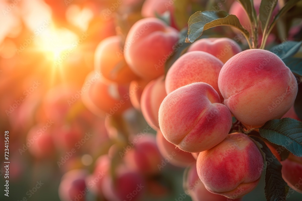 Sun-kissed peaches, nestled among the branches of a fruit tree, radiate ...