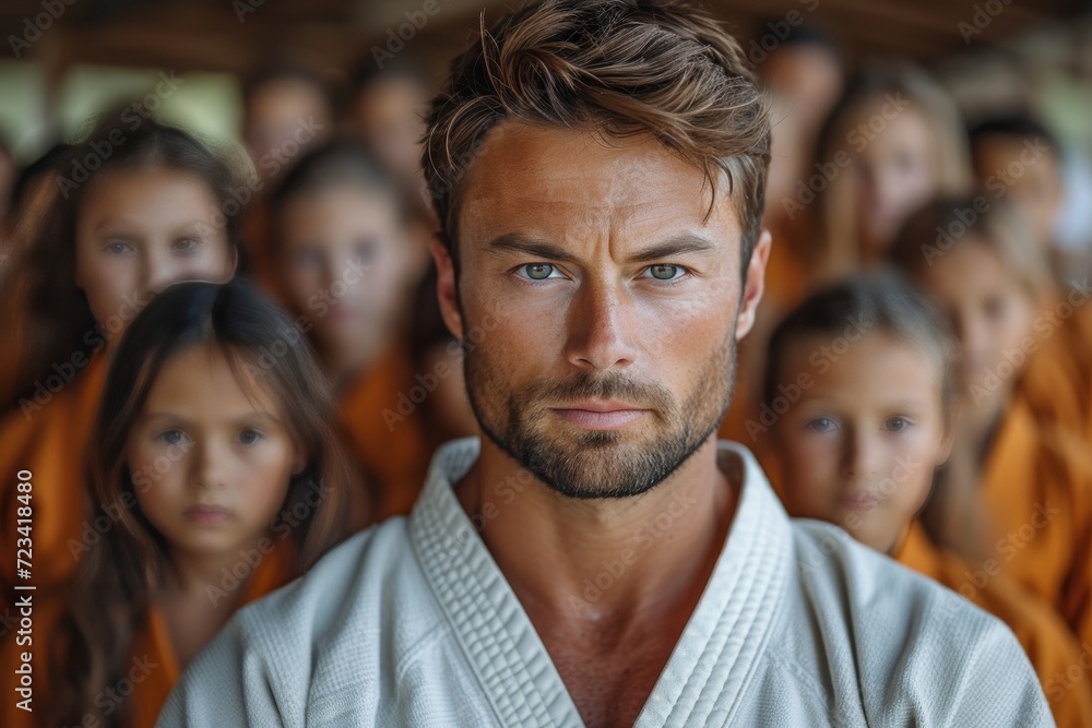 A kindly man adorned in a traditional white kimono guides a flock of ...