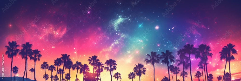 Palms silhouettes at neon sunset sky. Night landscape with palm trees ...