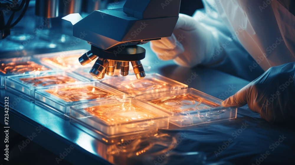 Researcher in protective suit uses microscope in modern lab, scientist ...