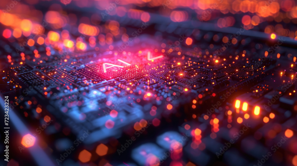 Modern AI processor on circuit board, neon glowing core of artificial ...