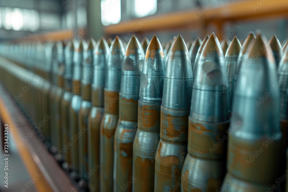 Artillery shells stored in warehouse of weapons factory, row of new ...