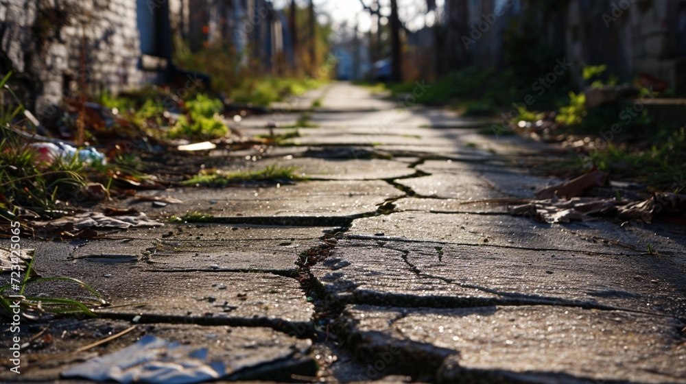 A cracked and uneven sidewalk in a neglected neighborhood, portraying ...