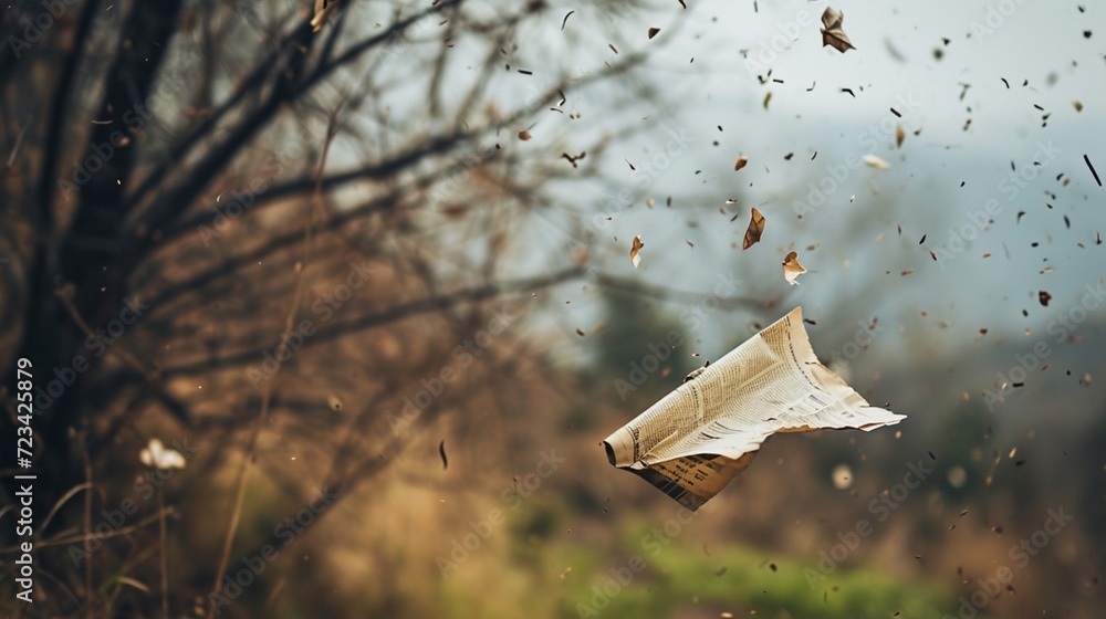 A discarded newspaper blowing in the wind, illustrating the transient ...