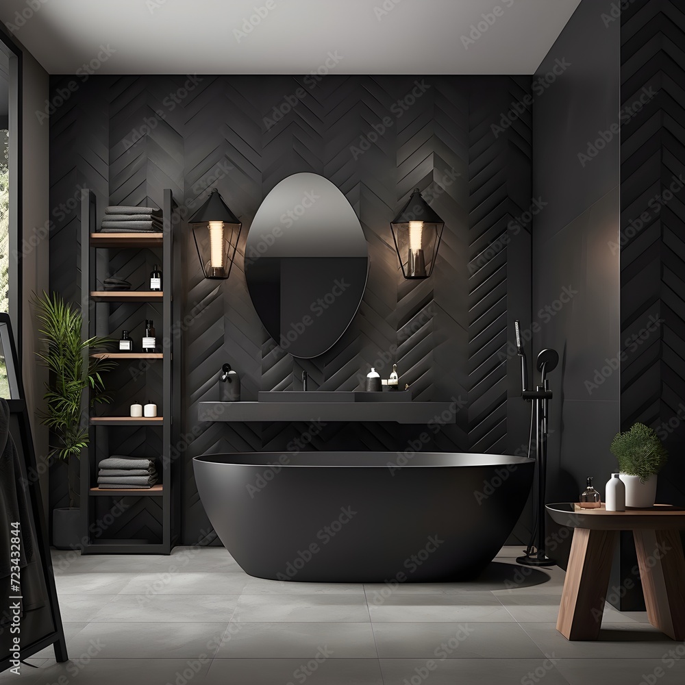 A bathroom that embraces geometric elegance in an all-black palette ...