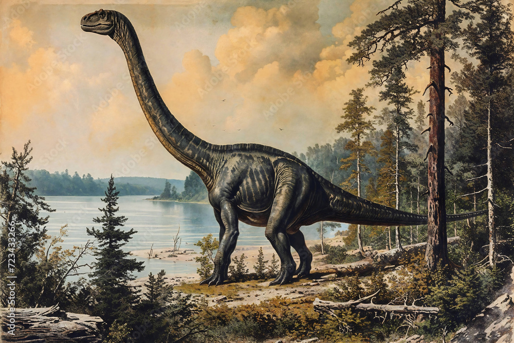 Long necked sauropod dinosaur standing on an elevated piece of land ...