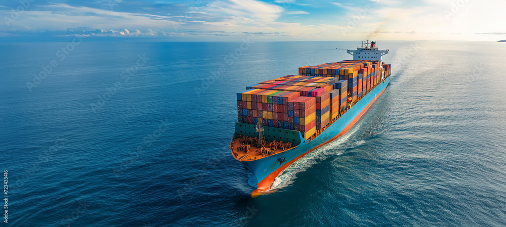 A huge container ship sails majestically across the vast sea. Its ...
