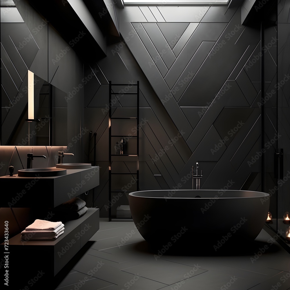 A bathroom that embraces geometric elegance in an all-black palette ...