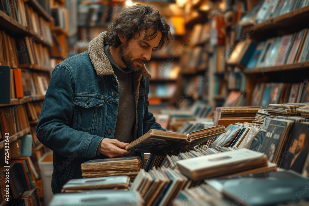 A record store owner playing classic vinyl albums, surrounded by an ...