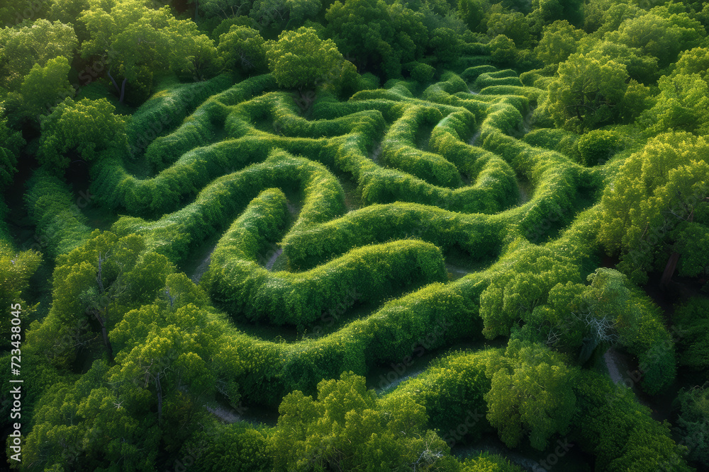 An aerial shot of a maze garden, with the intricate paths creating an ...