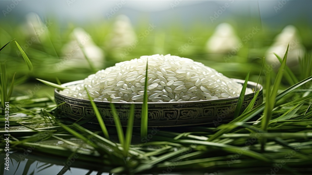 a mixture of white rice grains, paddy rice and rice plants to ...