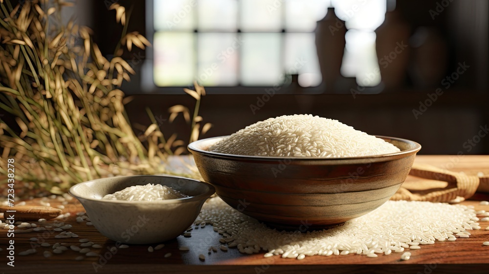 a mixture of white rice grains, paddy rice and rice plants to ...