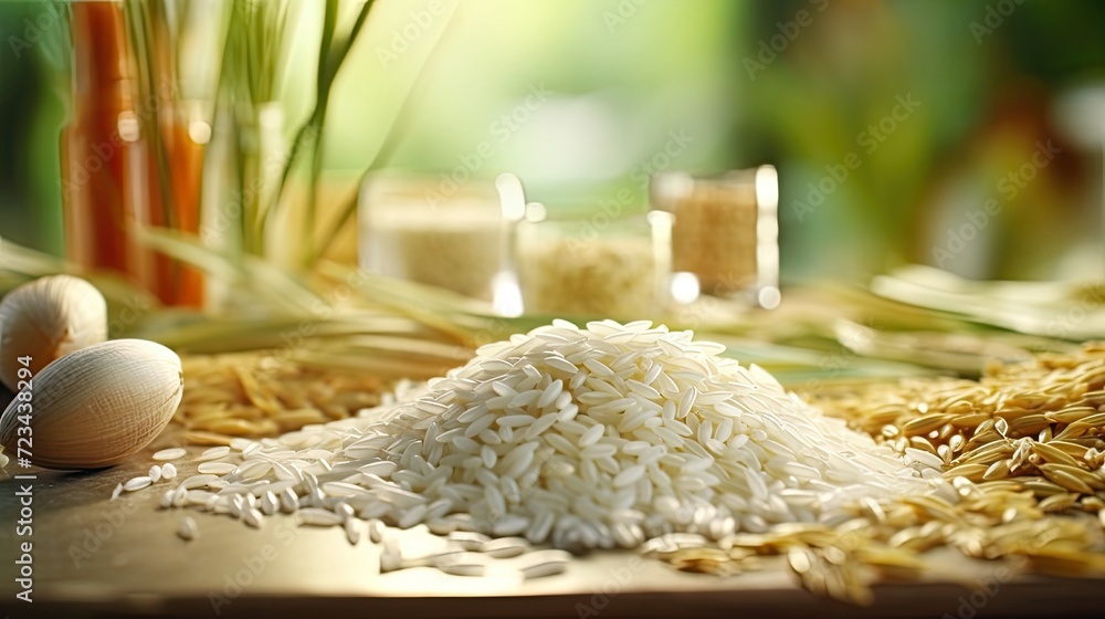 a mixture of white rice grains, paddy rice and rice plants to ...