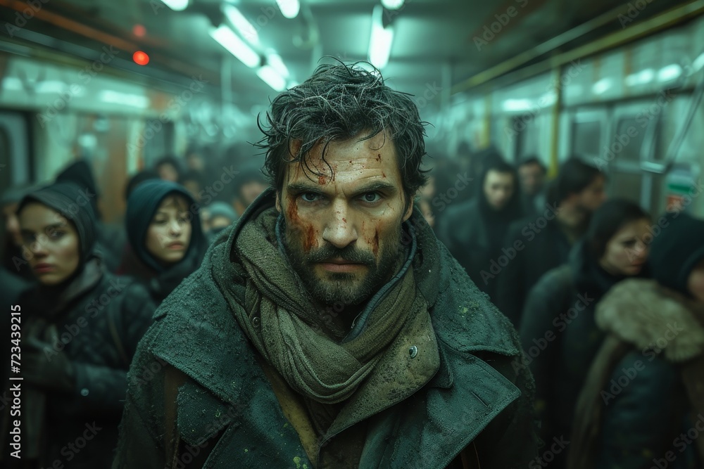 Amidst the bustling subway station, a lone man with a grimy face stands ...